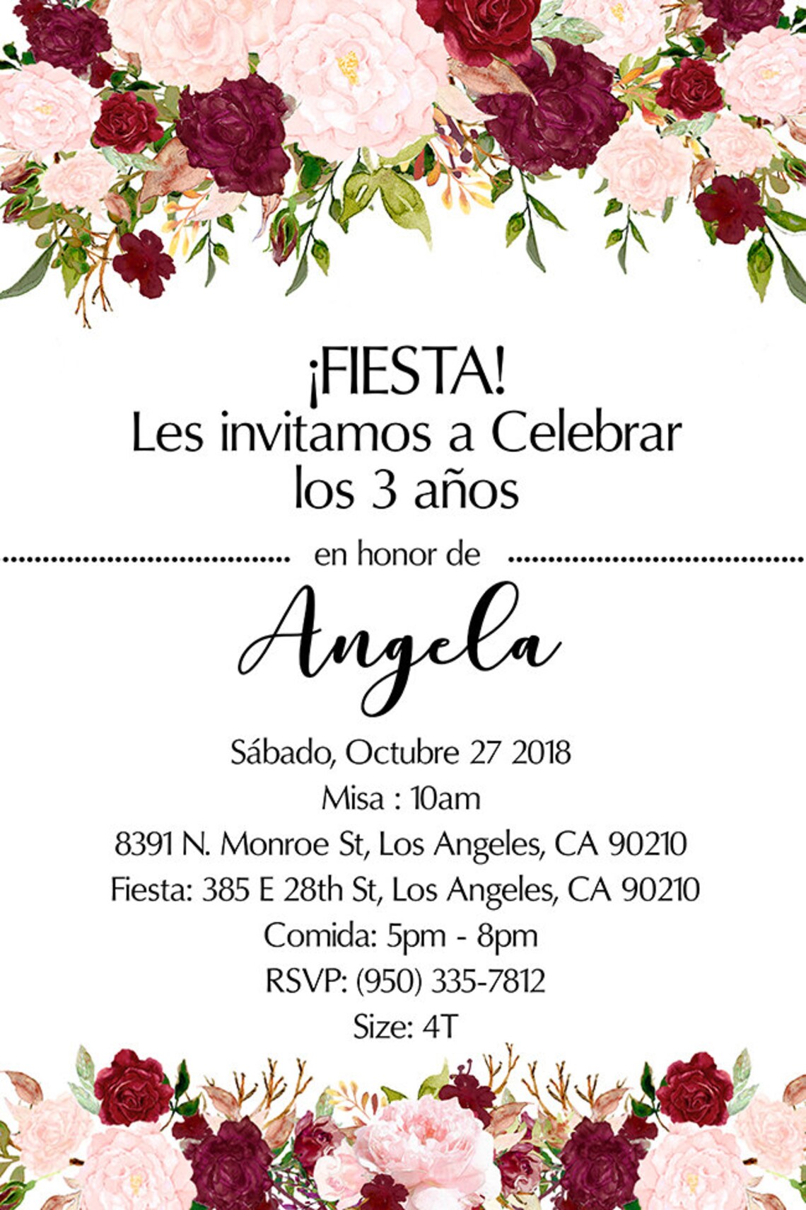 Fiesta Spanish Birthday Invitation Español Burgundy Pink | Etsy