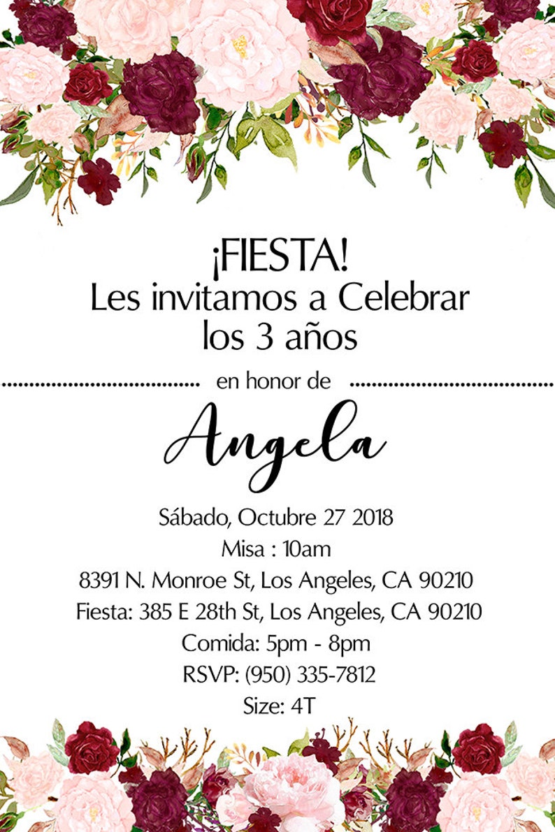 Fiesta Spanish Birthday Invitation Español Burgundy Pink | Etsy