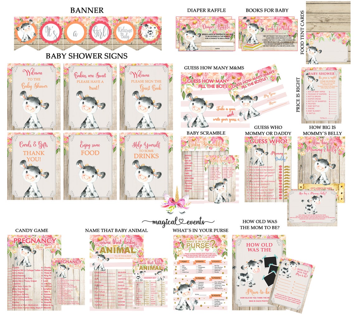 Cow Baby Shower Games Signs and Cards Bundle Girl Cow Games - Etsy