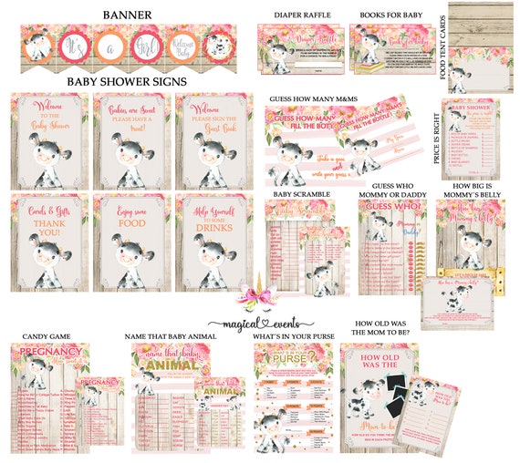 Cow Baby Shower Games Signs and Cards Bundle Girl Cow Games - Etsy