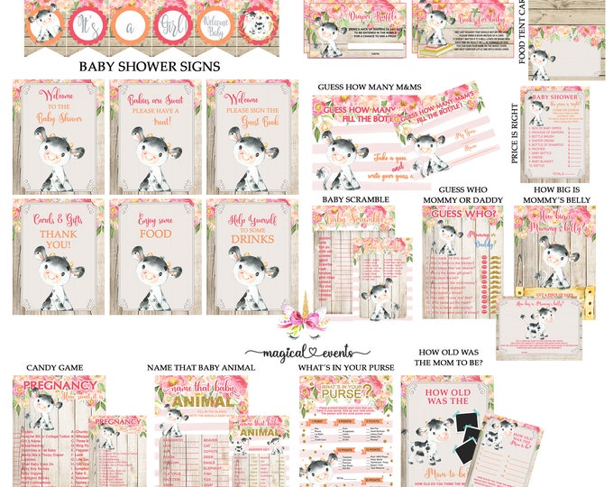 Cow Baby Shower Games Signs and Cards Bundle Girl Cow Games - Etsy