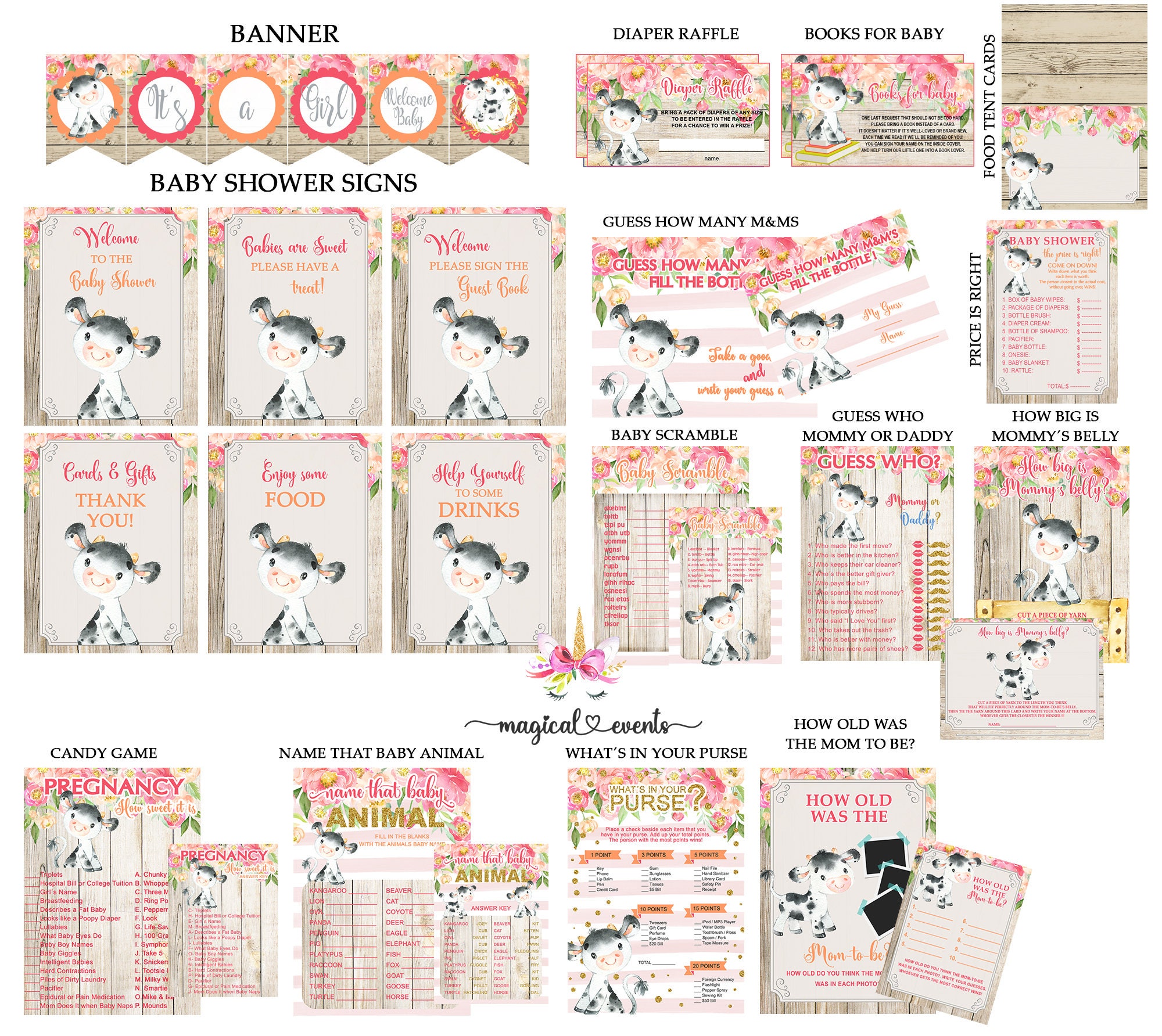 Cow Baby Shower Games Signs and Cards Bundle, Girl Cow Games Signs and ...