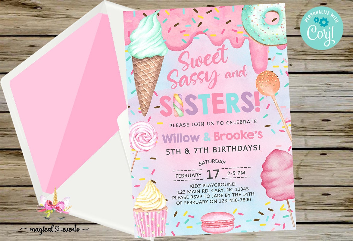 Candy Siblings SWEET SISTERS Girl Birthday Invitation, Birthday Invite ...
