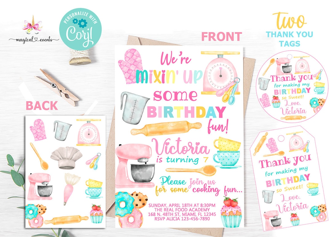Baking / Cooking Girl Birthday Invitation Bundle, Birthday Invite Front ...
