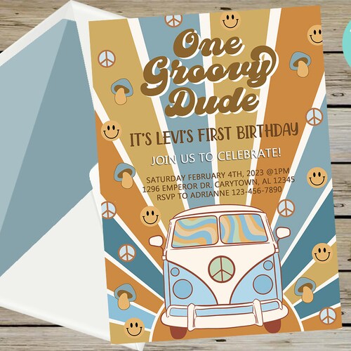 One Groovy Dude 1st Birthday Invitation 70's Retro Happy - Etsy