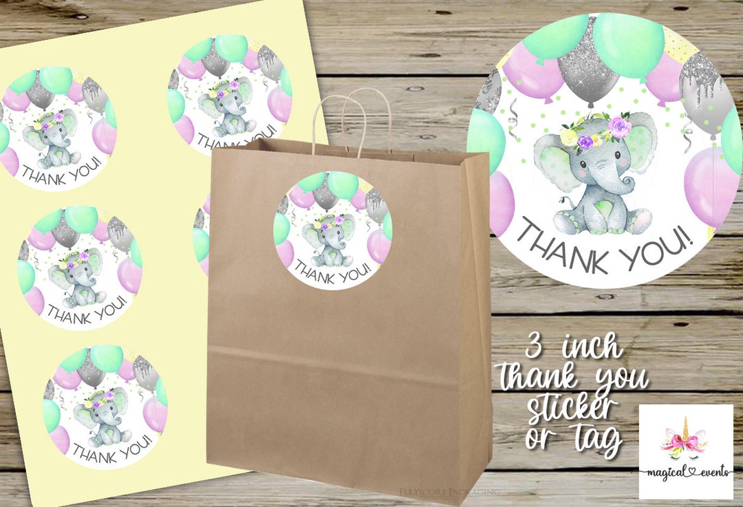 Elephant With Flowers Tiara & Balloons Thank You Tags, Birthday or Baby ...