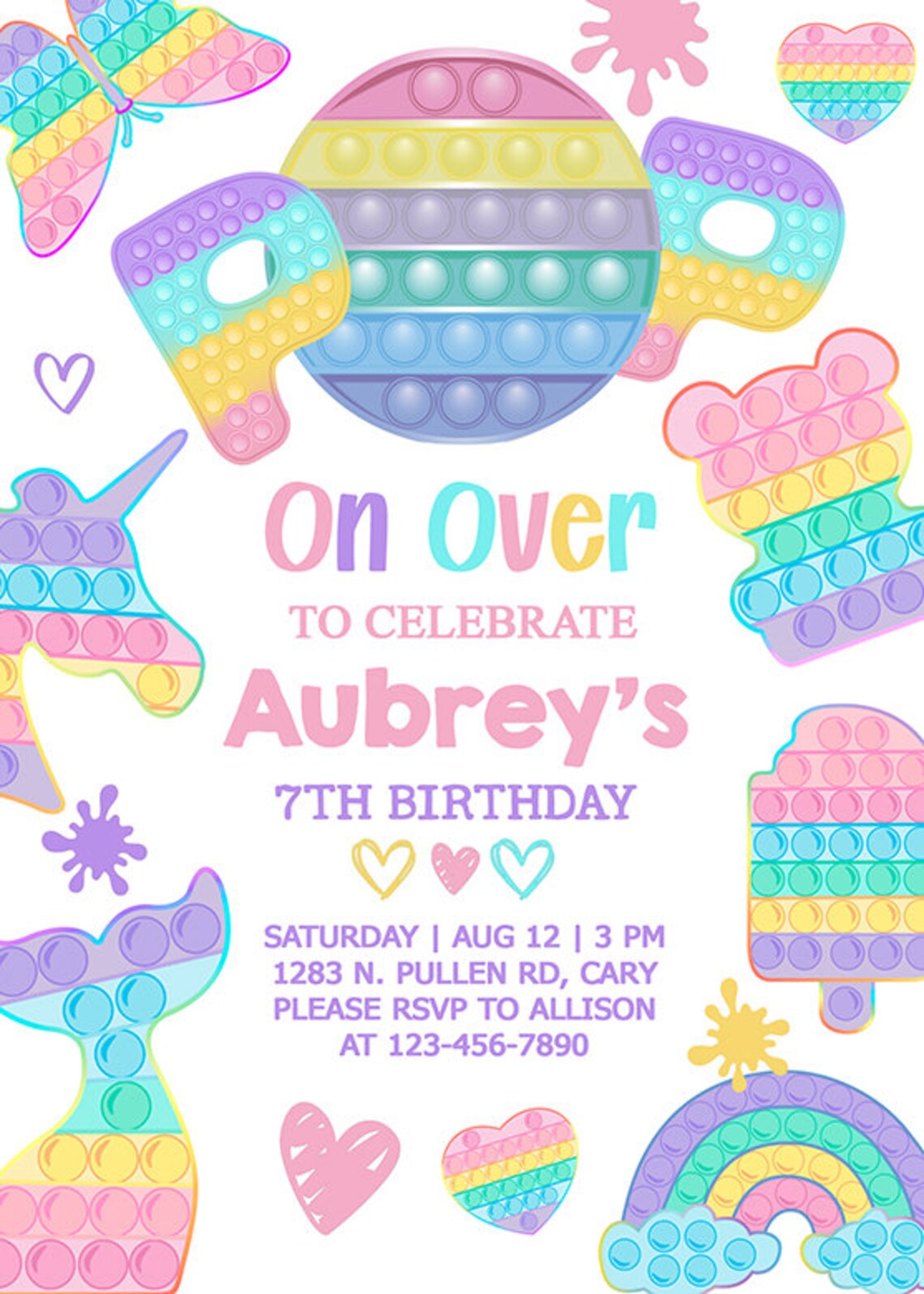 Popit and Slime Girl 7th Birthday Invitation, Any Age Girl Birthday ...