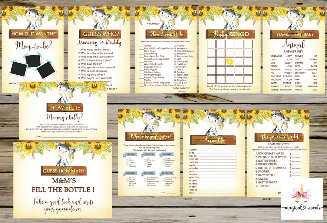 Cow and Sunflowers Baby Shower Games Bundle, Gender Neutral Yellow Baby ...