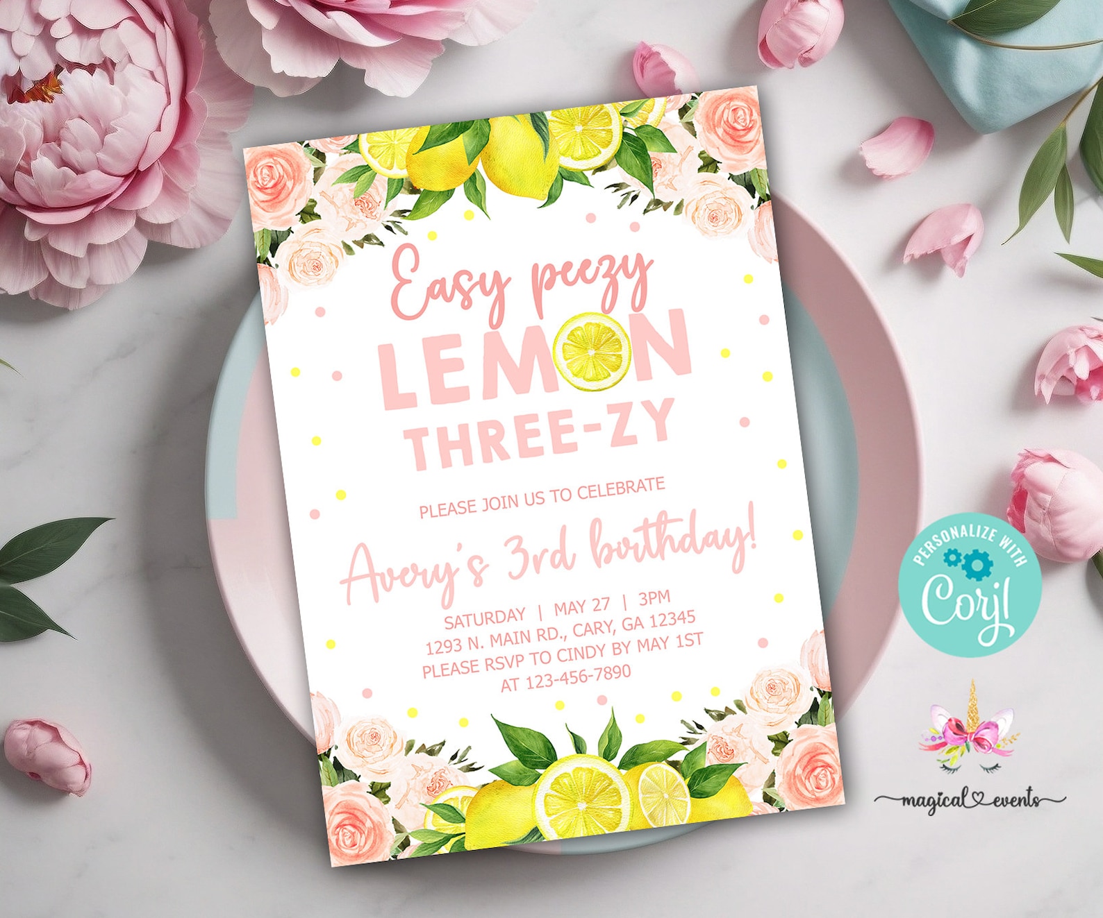 Lemons 3rd Third Birthday Invitation Girl Invite, Corjl Editable ...