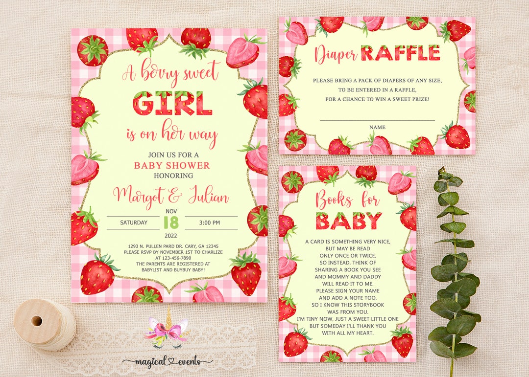 Strawberries Girl Baby Shower Invitation, Books for Baby, Diaper Raffle ...
