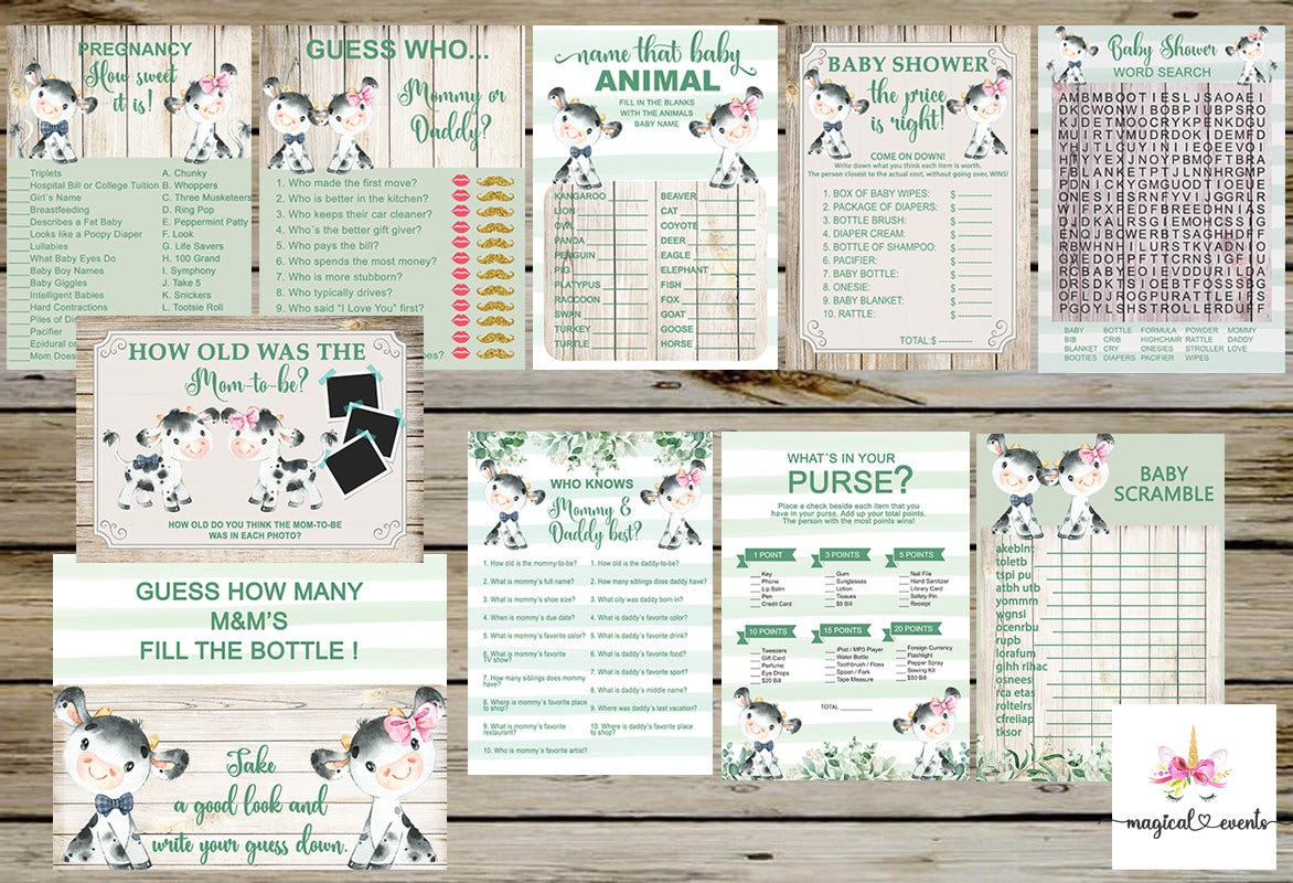 Cow Baby Shower Games Bundle, Twins Baby Shower, Boy and Girl, White ...