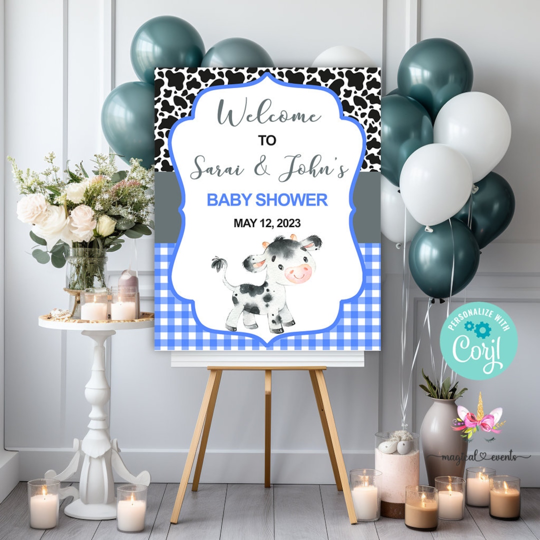 16x20 Cow Baby Shower Welcome Sign, Blue Plaids Cow Print Welcome Sign ...