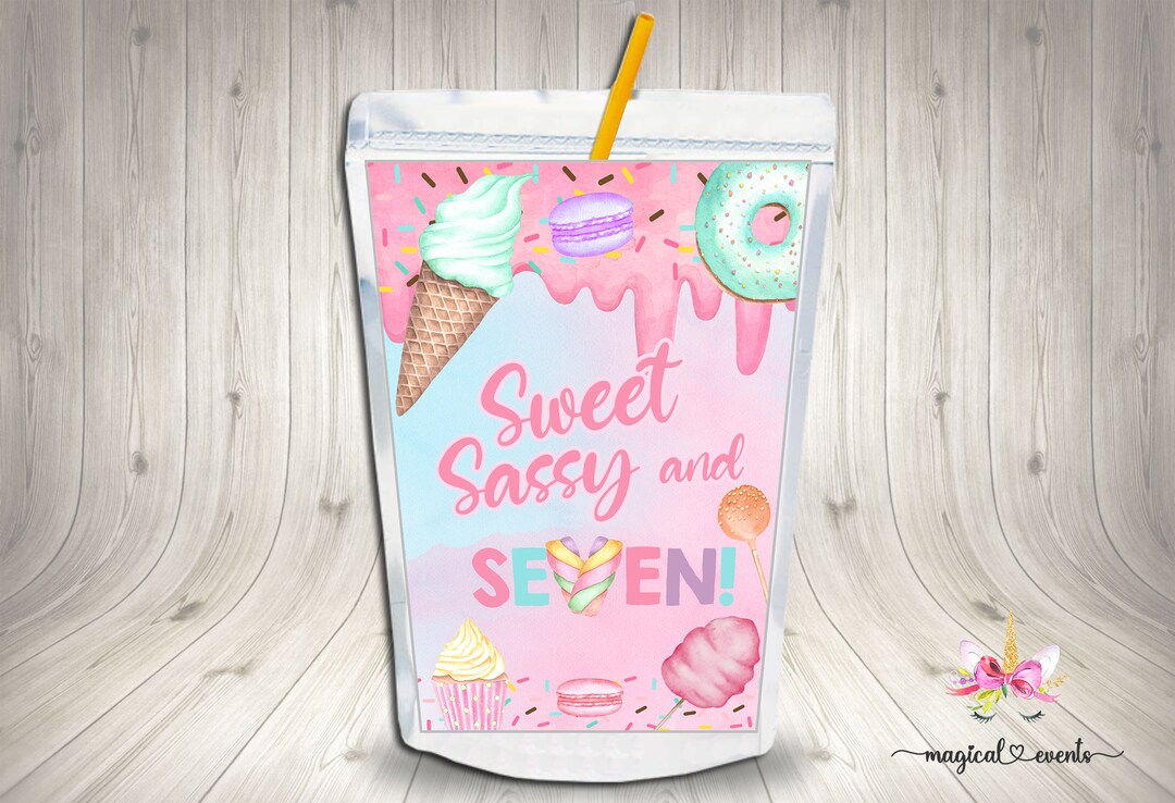 Sweet Sassy and Seven Juice Pouch Labels, Girl Sweets and Candy ...