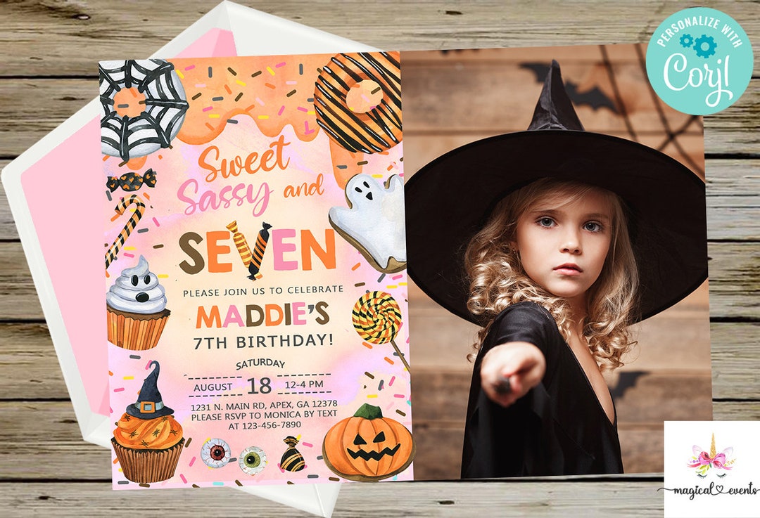 Candy SWEET SASSY and SEVEN Girl Halloween Birthday Invitation ...