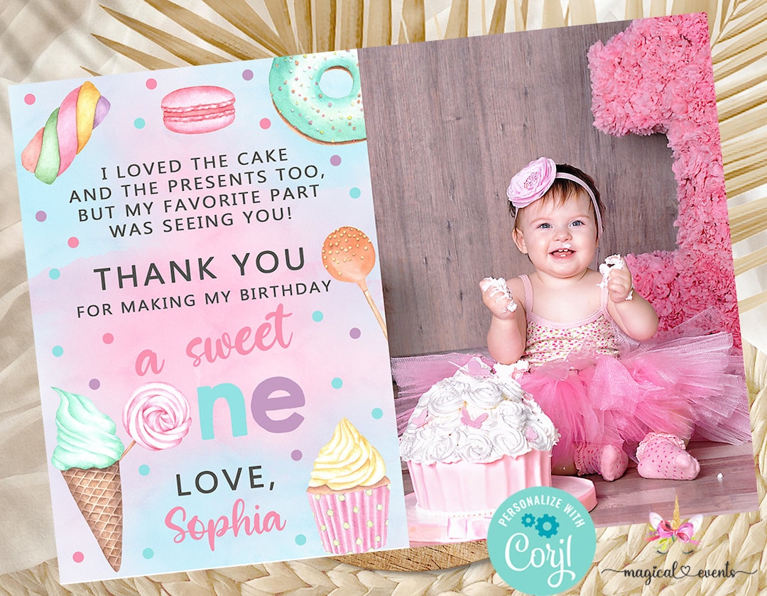 Sweet One Birthday Photo Thank You Card, Girl Sweet One 1st First ...