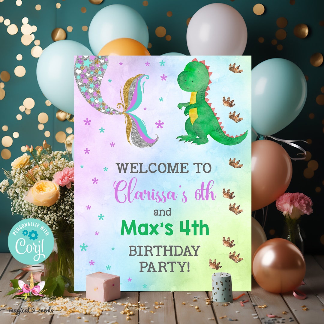 18x24 Siblings Mermaid & Dinosaur Birthday Welcome Sign, Siblings ...