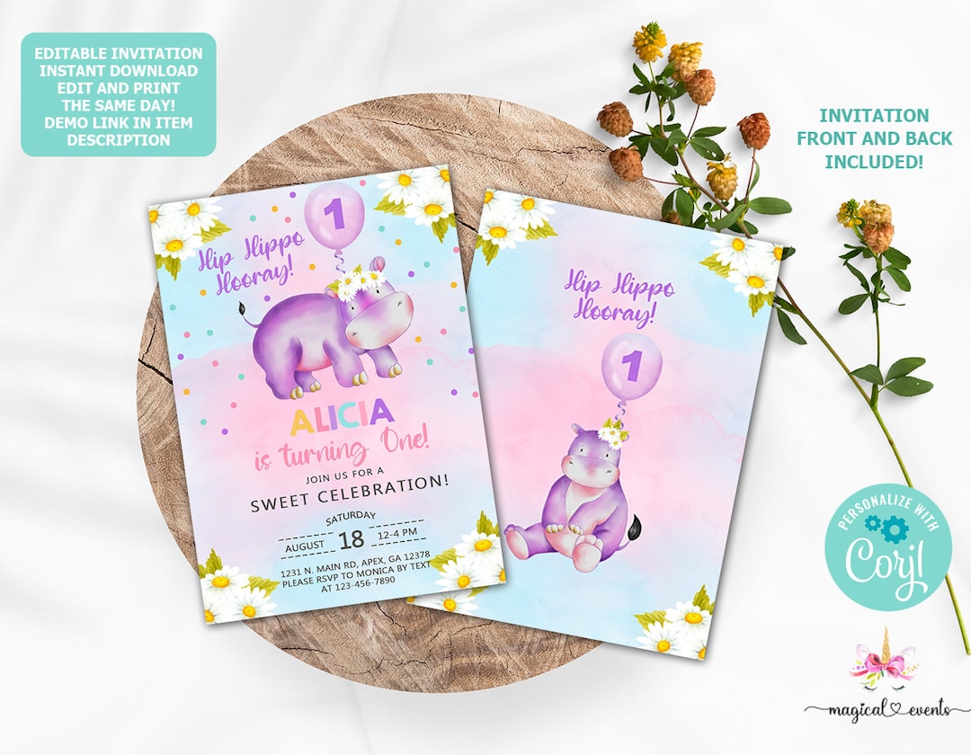 Hip Hippo Hooray Birthday Invitation, Purple Hippo Girl Birthday Invite ...