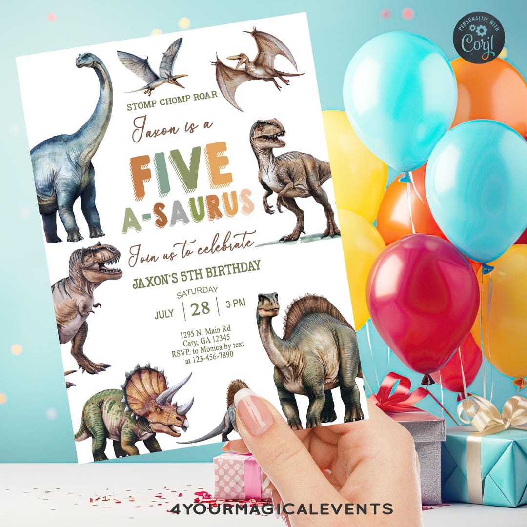 Dinosaurs FIVE-A-SAURUS Boy 5th Birthday Invitation, Dinosaur Dinos Boy ...