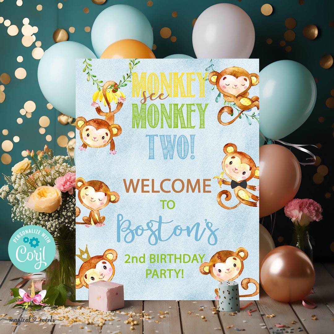 18x24 Boy MONKEY 2nd Birthday Welcome Sign, Monkeys Boy Second Birthday ...
