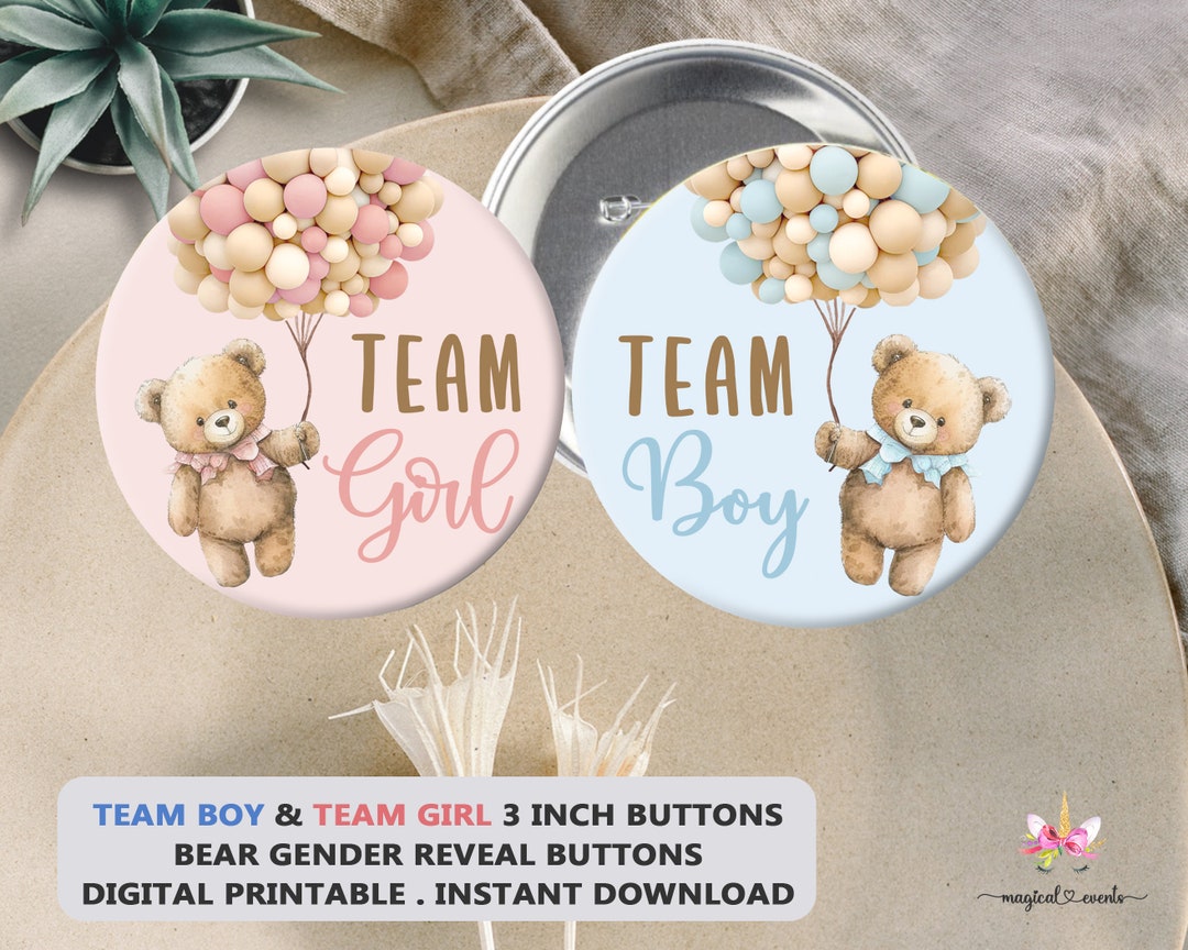 Bear Gender Reveal Team BOY and Team GIRL 3" Buttons, Gender Reveal ...