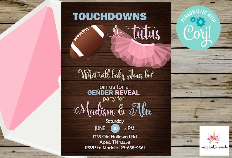 Touchdowns or Tutus Gender Reveal Invitation, Football Gender Reveal ...