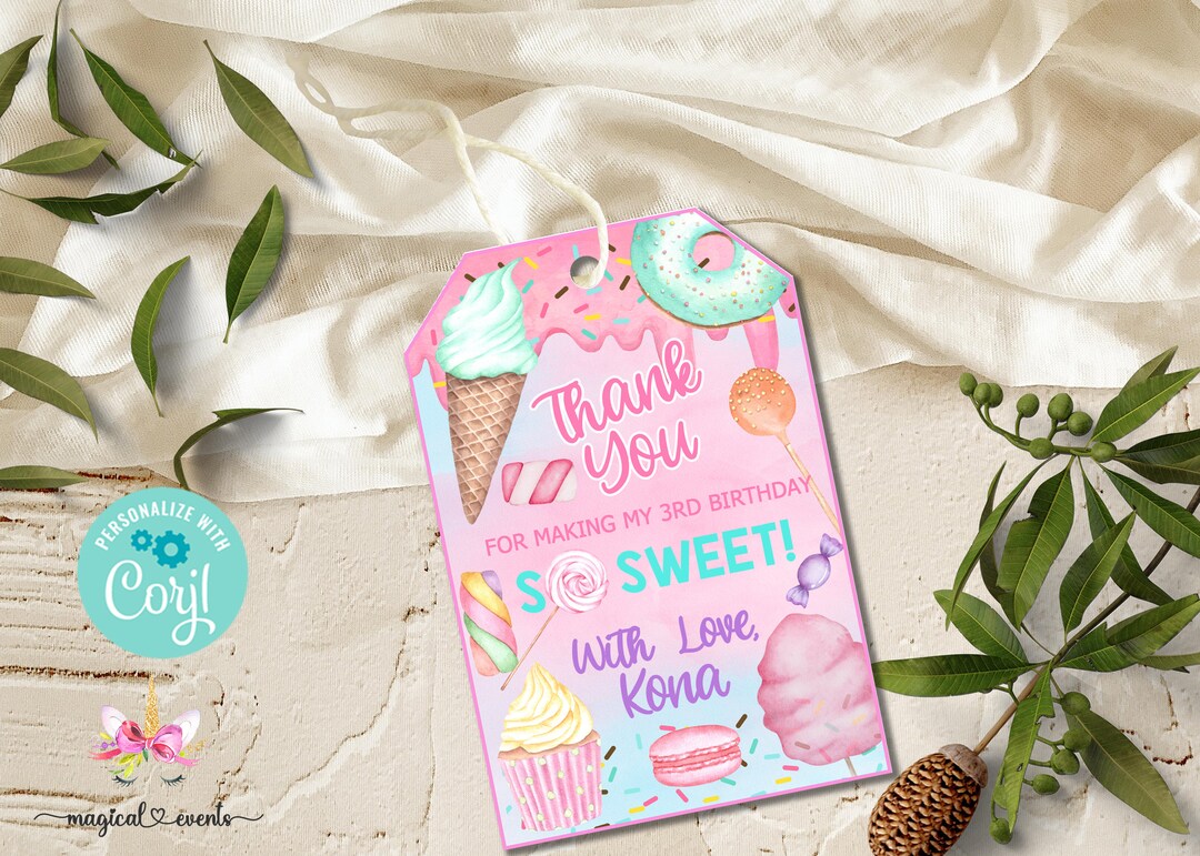 Sweet & Three Thank You Tag, Birthday Favors, Pastel Candy Sweets Thank ...