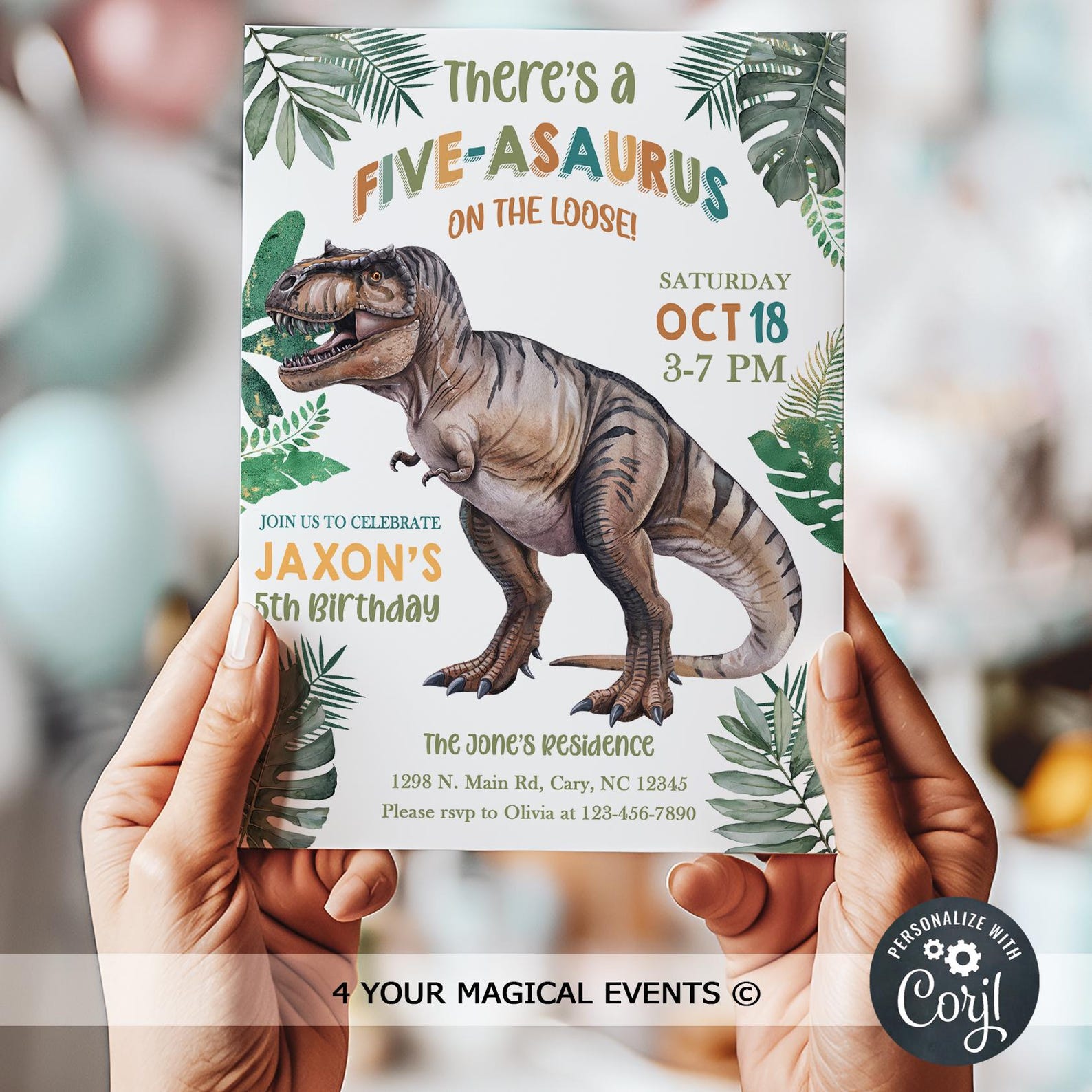 Dinosaurs FIVE-A-SAURUS Boy 5th Birthday Invitation, Dinosaur Dinos Boy ...