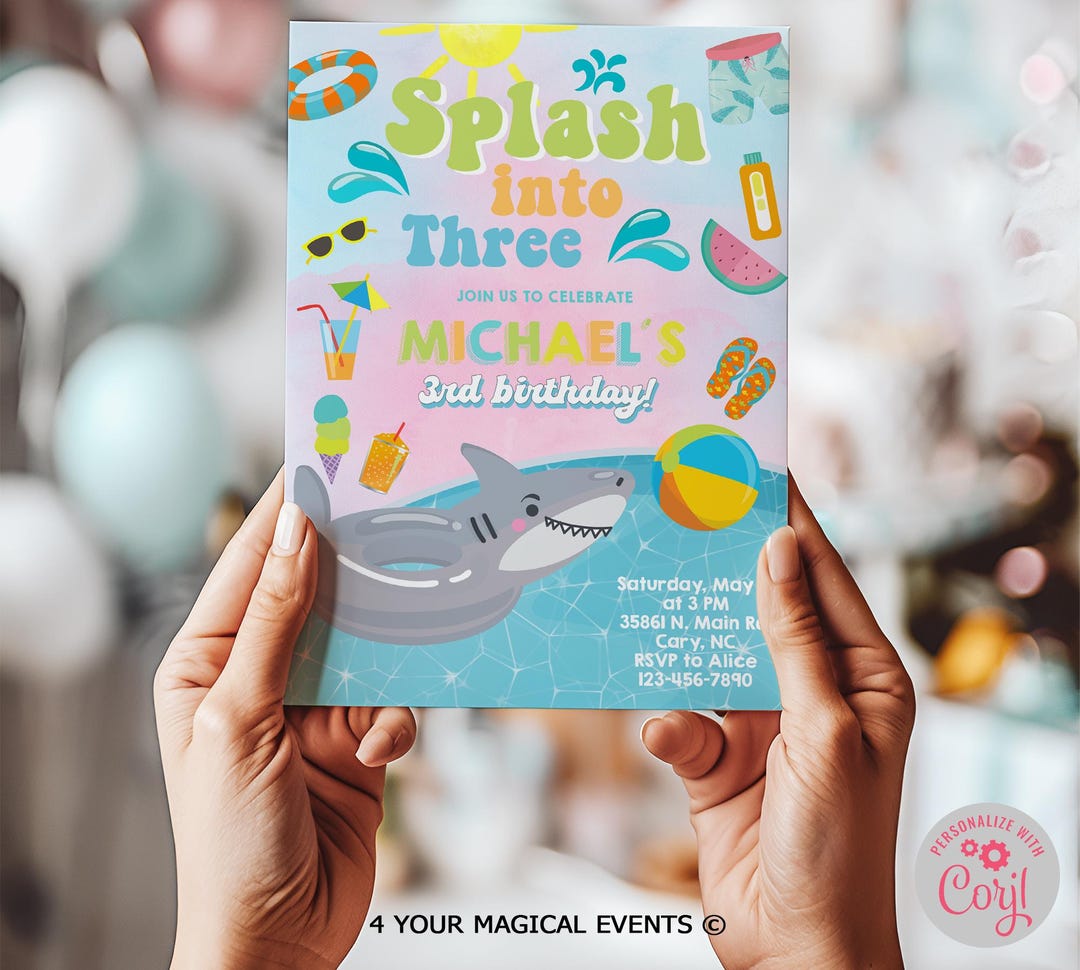 Splash Into Three Birthday Invitation, Splish Splash Pool Birthday ...