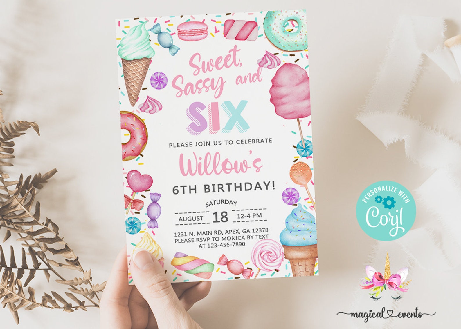 Sweet Sassy and Six Girl 6th Birthday Invitation, Birthday Invite ...