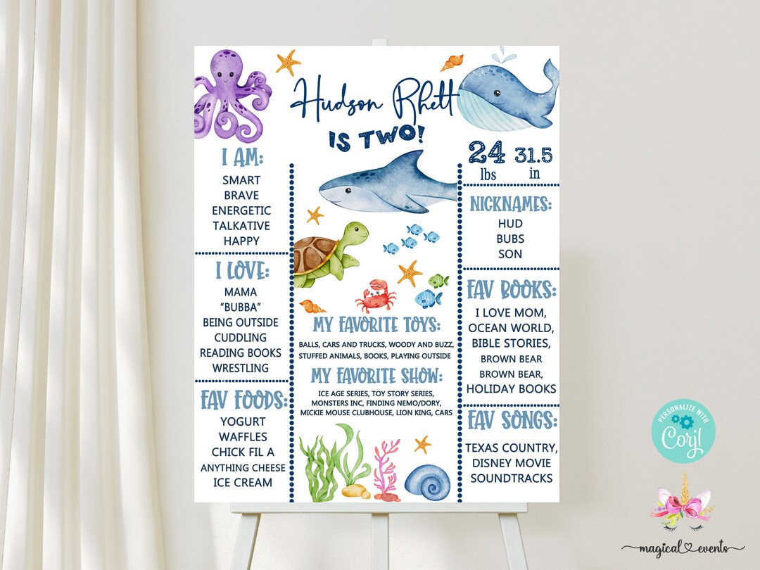 Sea / Ocean Life Animals Boy Birthday Chalkboard, Boy Milestones ...
