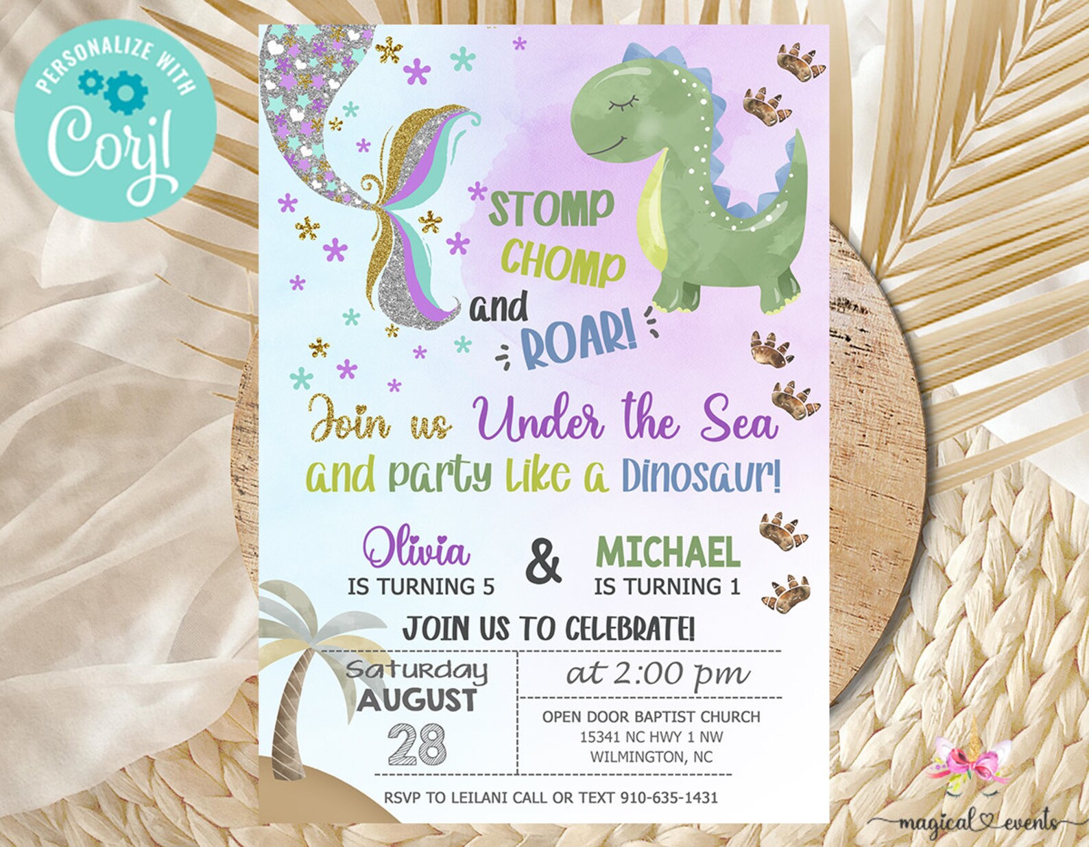 Siblings Dinosaur and Mermaid Birthday Invitation Invite - Etsy