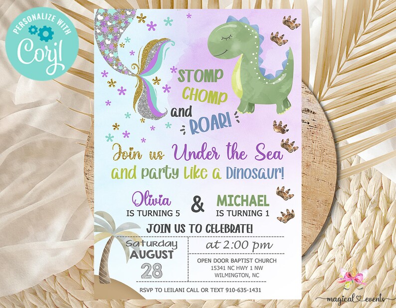 Siblings Dinosaur and Mermaid Birthday Invitation Invite - Etsy