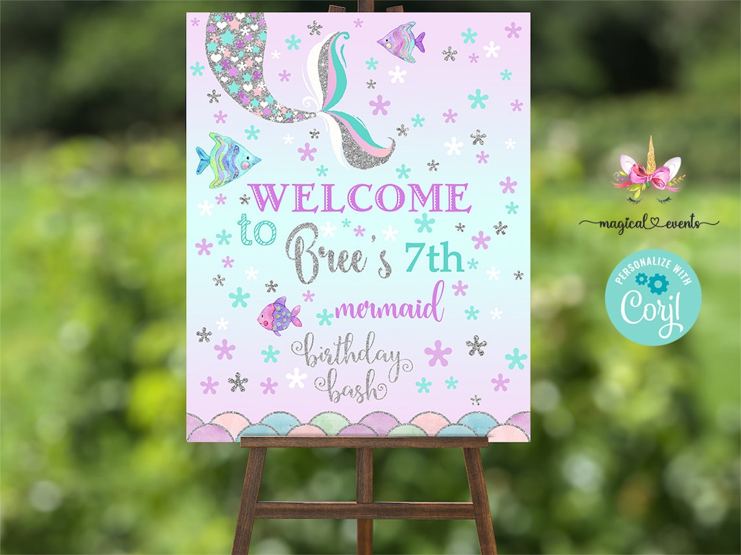 16x20 Mermaid Girl Birthday Welcome Sign, Girl Mermaid Under the Sea ...