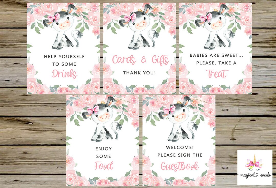 Cow Baby Shower Signs Bundle, Girl Baby Shower Signs, Pink Flowers, Cow ...