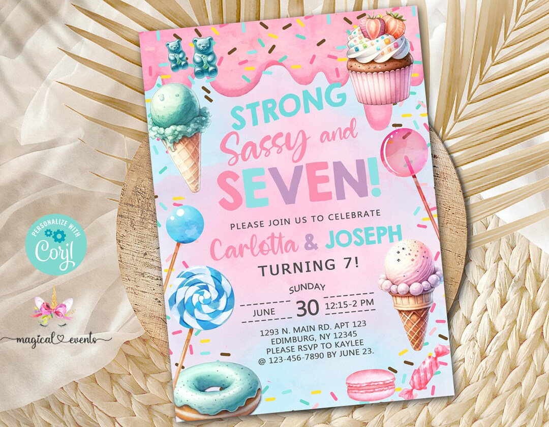 Siblings SWEETS CANDY Theme Birthday Invitation, Two Siblings Brother ...