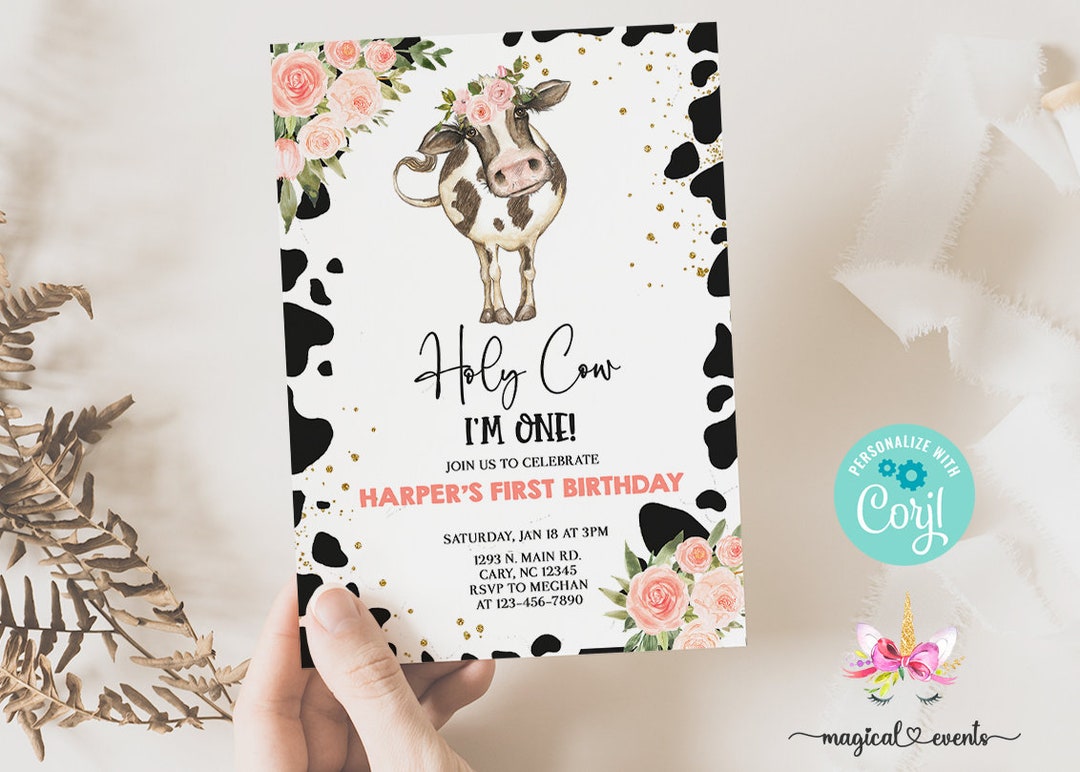 Holy Cow Girl Birthday Invitation, Girl Birthday Invite, Cow Print Pink ...