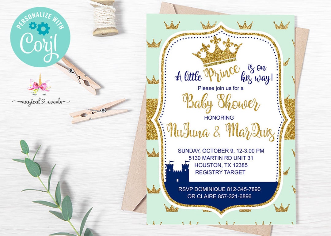 Prince Crown Baby Shower Invitation, Boy Baby Shower Invite, Gold ...