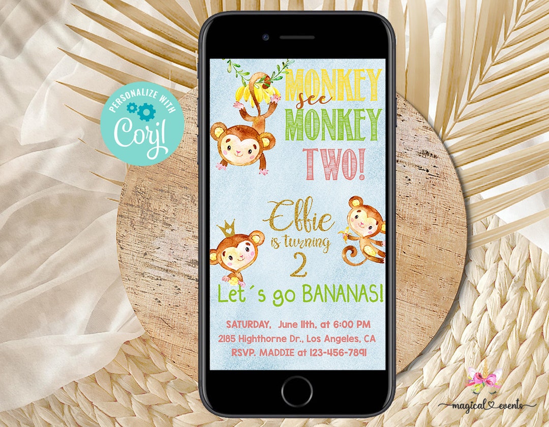 Monkey Girl Birthday Cell Phone Invite, Monkey See Monkey Two Girl ...