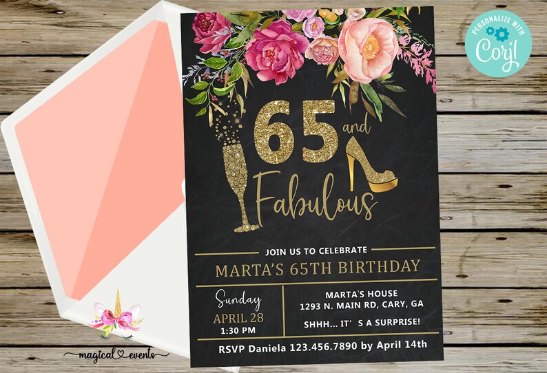 65 and Fabulous Birthday Invitation, Pink Flowers Gold Glitter Invite ...
