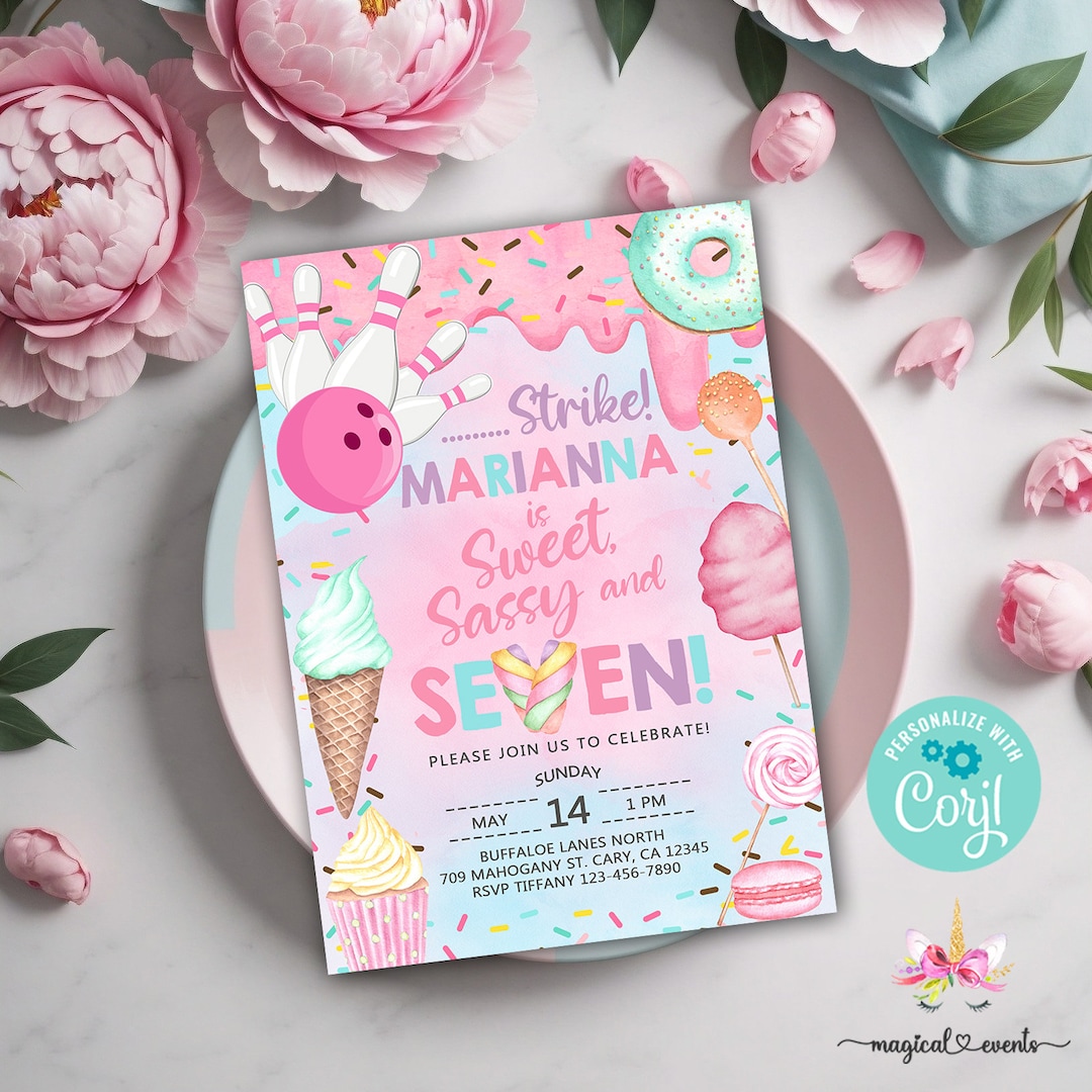 Sweet Seven Girl Birthday Invitation, Girl 7th Birthday Invite, Cotton ...