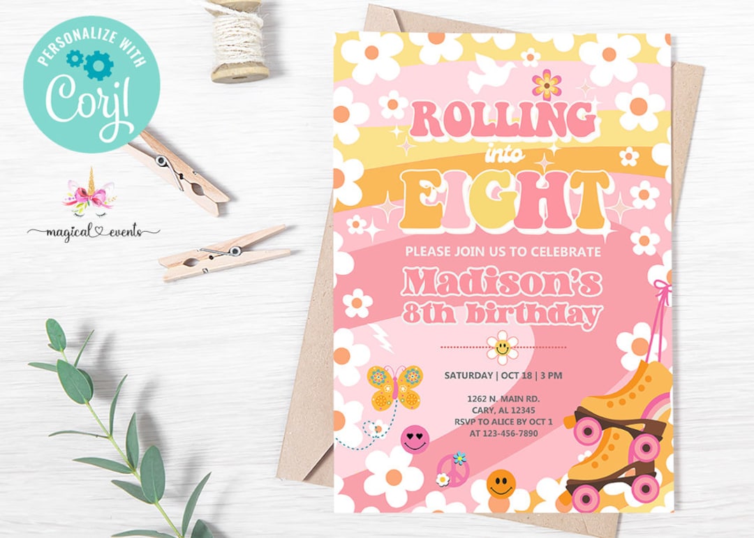 GROOVY Rolling Into Seven Girl 8th Birthday Invitation, Pink Orange 70s ...