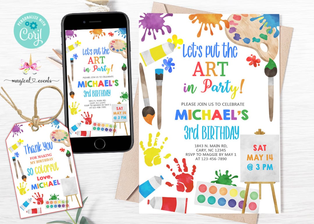 ART IN PARTY Birthday Invitation, Evite and Thank You Tag, Corjl ...