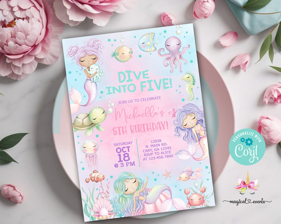 Dive Into Five Sea Birthday Invitation, Girl 5th Birthday Invite, Dive ...