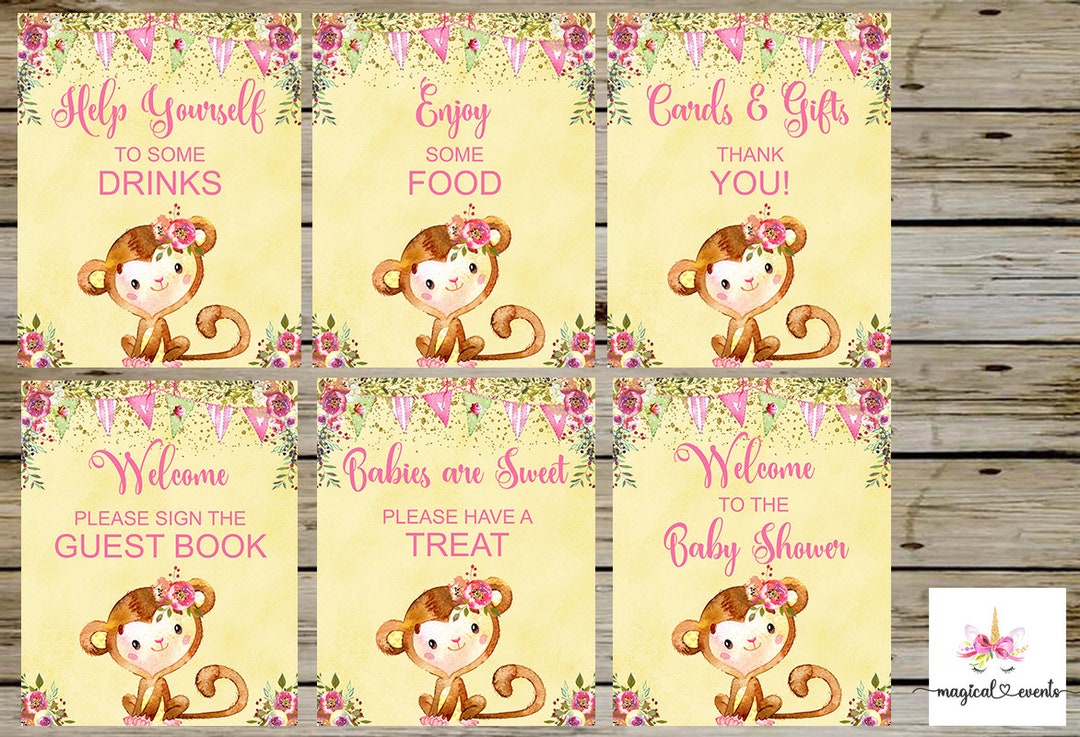 Monkey Baby Shower Signs Bundle, Girl Baby Shower Signs, Monkey Signs ...