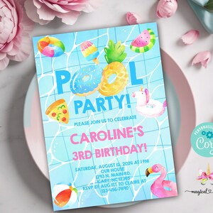 Pool Party Girl Birthday Invitation, Girl Pool Birthday Invite, Corjl Digital Printable ...