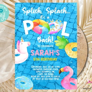 POOL PARTY Girl Birthday Invitation, Swimming Pool Girl Birthday Invite ...