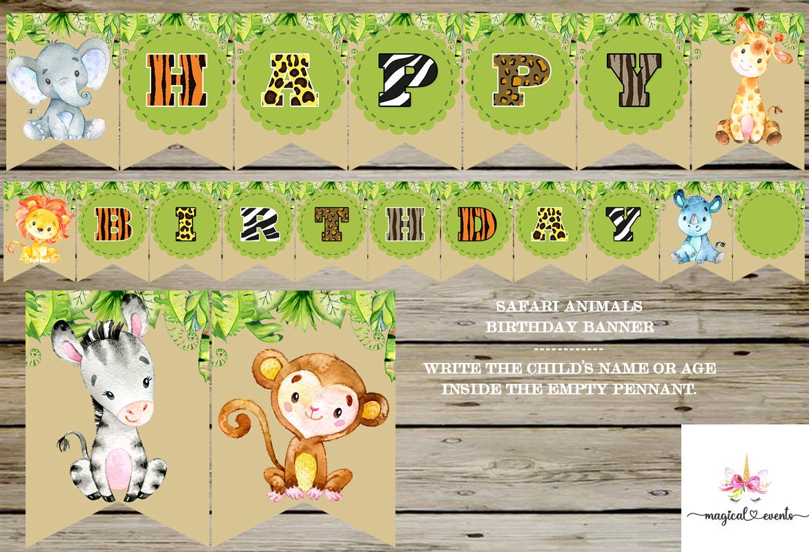 Safari Animals Birthday Digital Banner Birthday Favors | Etsy