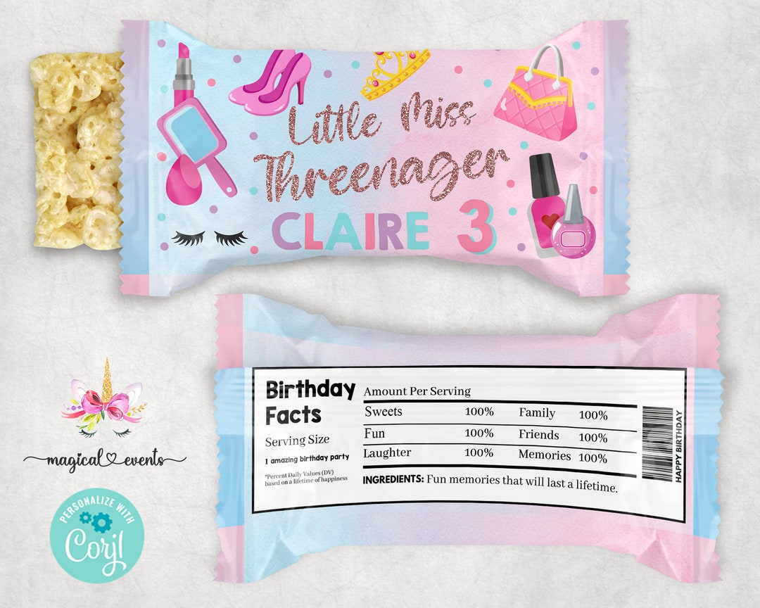 Little Miss Threenager Girl 3rd Birthday Rice Snack Wrapper, Digital ...