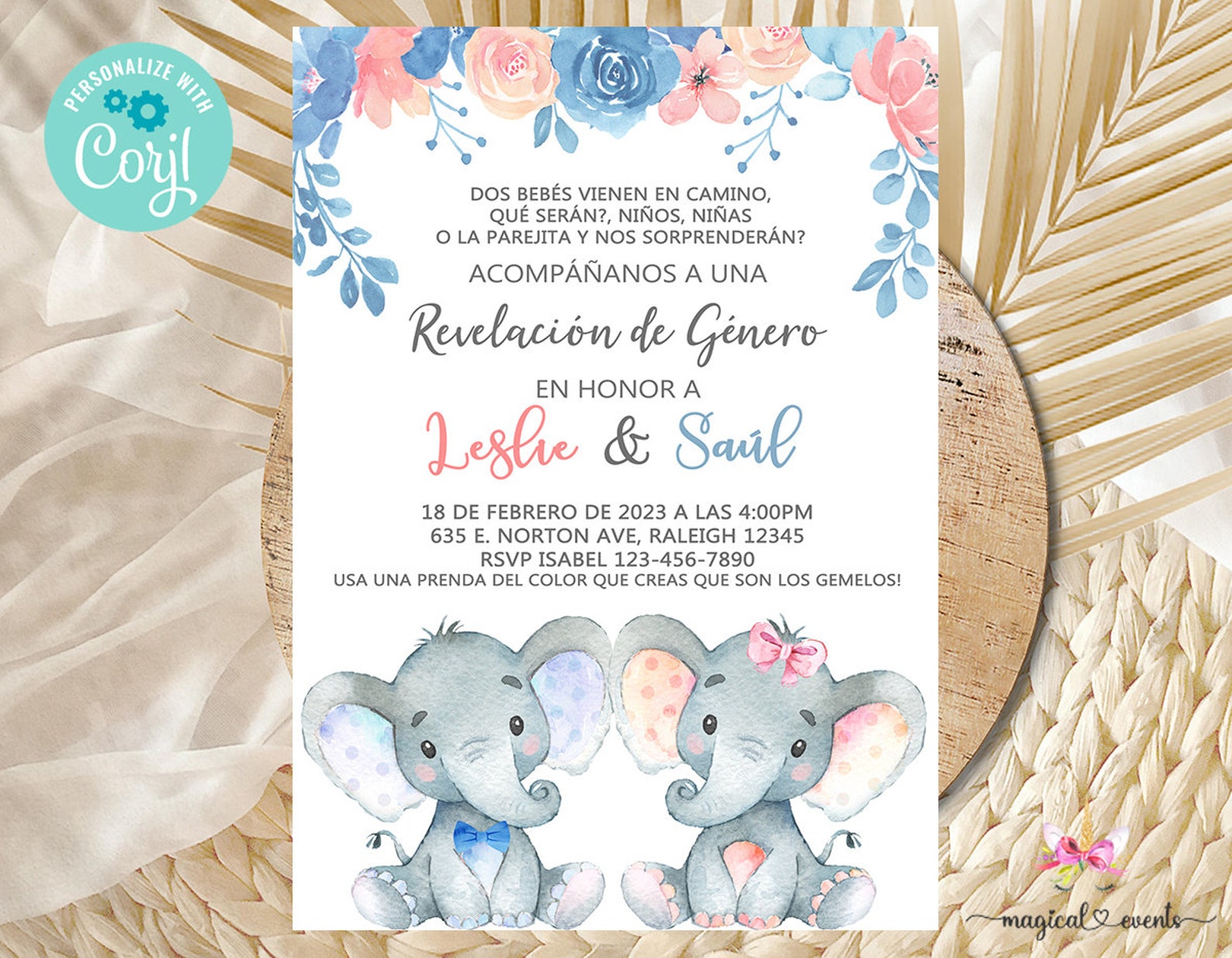 Elephants Gender Reveal Invitation, Twins Gender Reveal Invite, Spanish ...