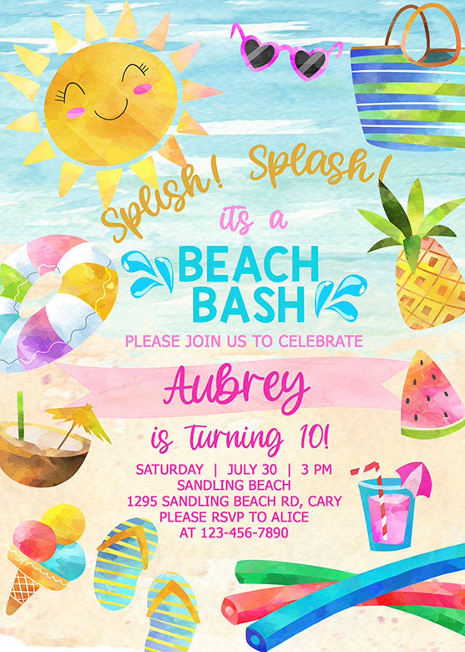 Beach Bash Girl Birthday Invitation Splish Splash Beach Birthday Invite ...